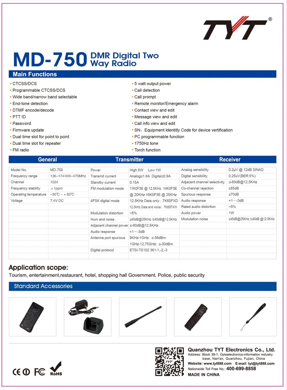 TYT MD-750 dmr two way radio 5w dual time slot dual band uhf/vhf ic ce